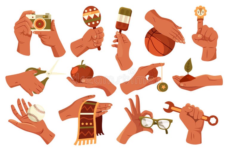 Hands Holding Objects Elements in Flat Design Stock Illustration - Illustration of hand, icon ...