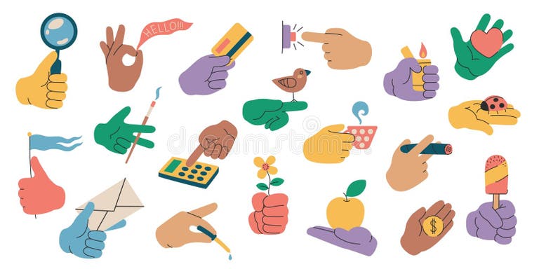 Hands Holding Objects. Human Arm with Various Stuff, Cartoon Hand ...