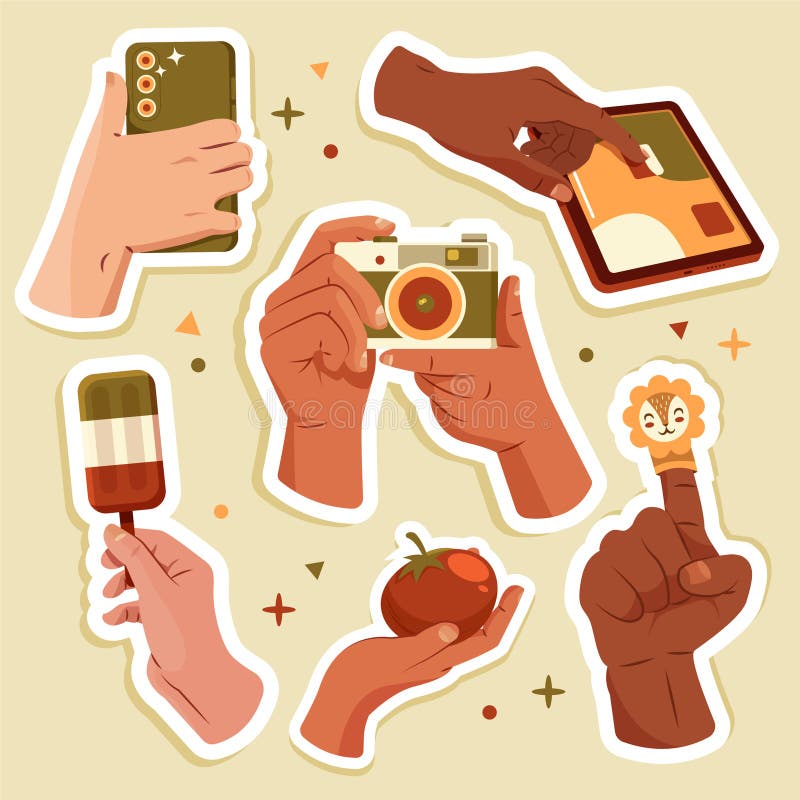 Hands Holding Objects Stickers in Flat Design Stock Illustration ...