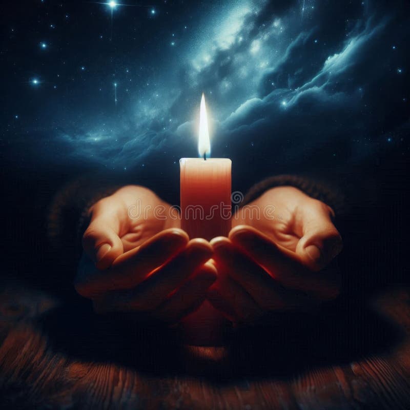 Hands Holding One Candle in Darkness Stock Illustration - Illustration ...