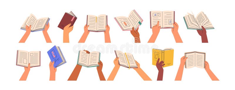 Hands Holding Open Books, Set. Reading, Looking through Paper Pages ...
