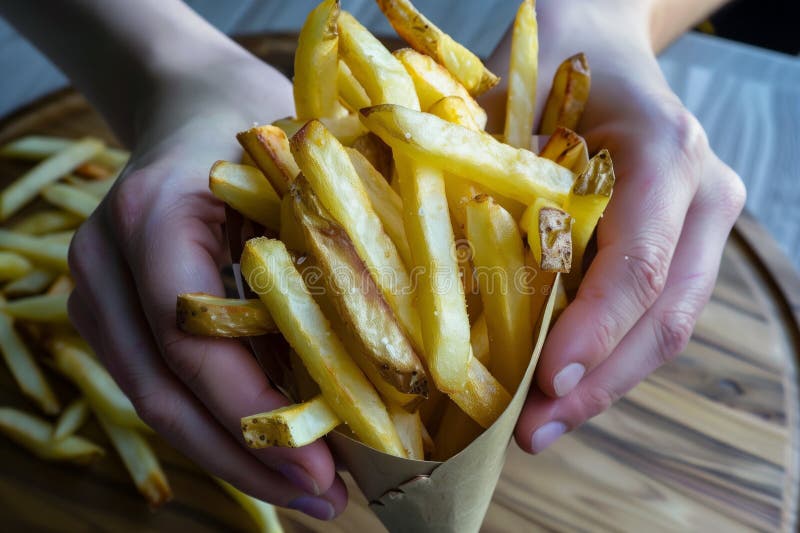Hands Holding a Paper Cone Filled with Belgian Fries Stock Photo ...