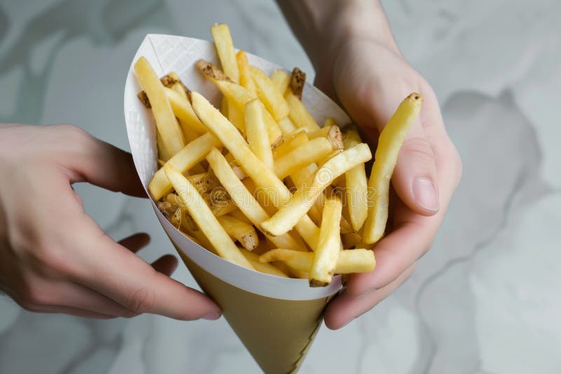 Hands Holding a Paper Cone Filled with Belgian Fries Stock Illustration ...