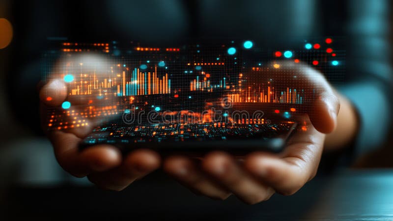 Hands Holding Phone, Data Visualization, Night Office, Financial ...