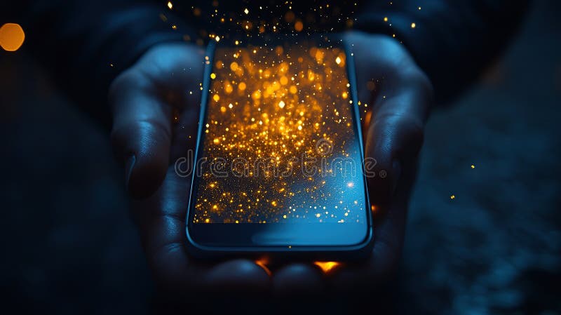 Hands Holding Phone with Glowing Particles, Night Scene Background ...