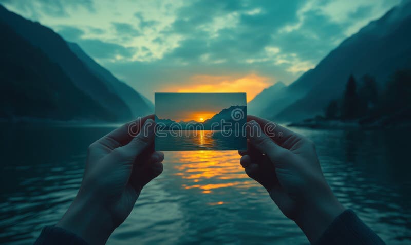 Hands Holding Photograph of Sunset Over Mountains Reflecting in Water ...