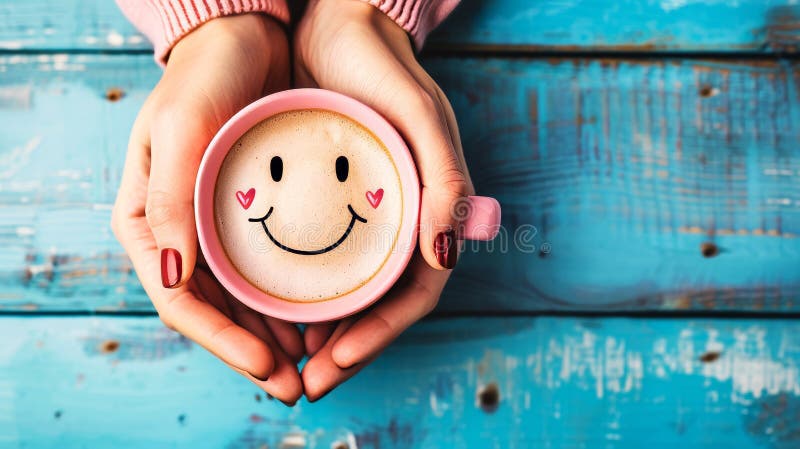 Hands Holding a Pink Coffee Cup with Happy Face Stock Illustration ...