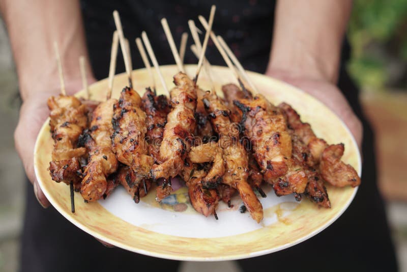 Hands Holding a Plate of Satay. Pork Satay or Sate Babi Served on a ...