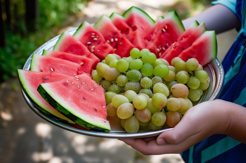 Hands Holding a Platter of Sliced Watermelon and Grapes Stock Photo ...