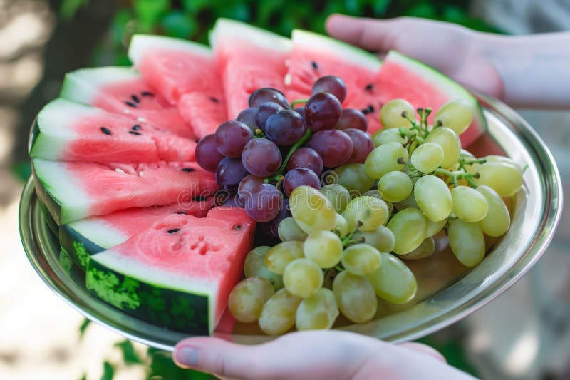 Hands Holding a Platter of Sliced Watermelon and Grapes Stock Image ...