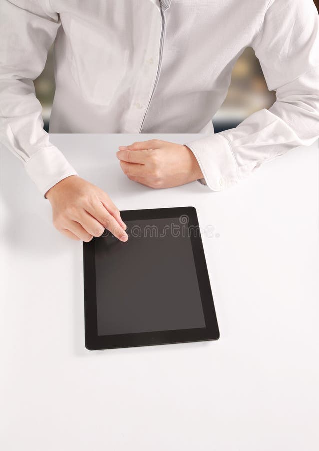 Hands Holding and Pointing on Contemporary Tablet Stock Photo - Image ...