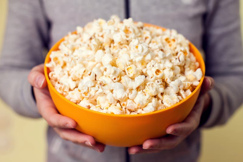 Hands Holding a Popcorn Box. People, Food Concept Stock Photo - Image ...