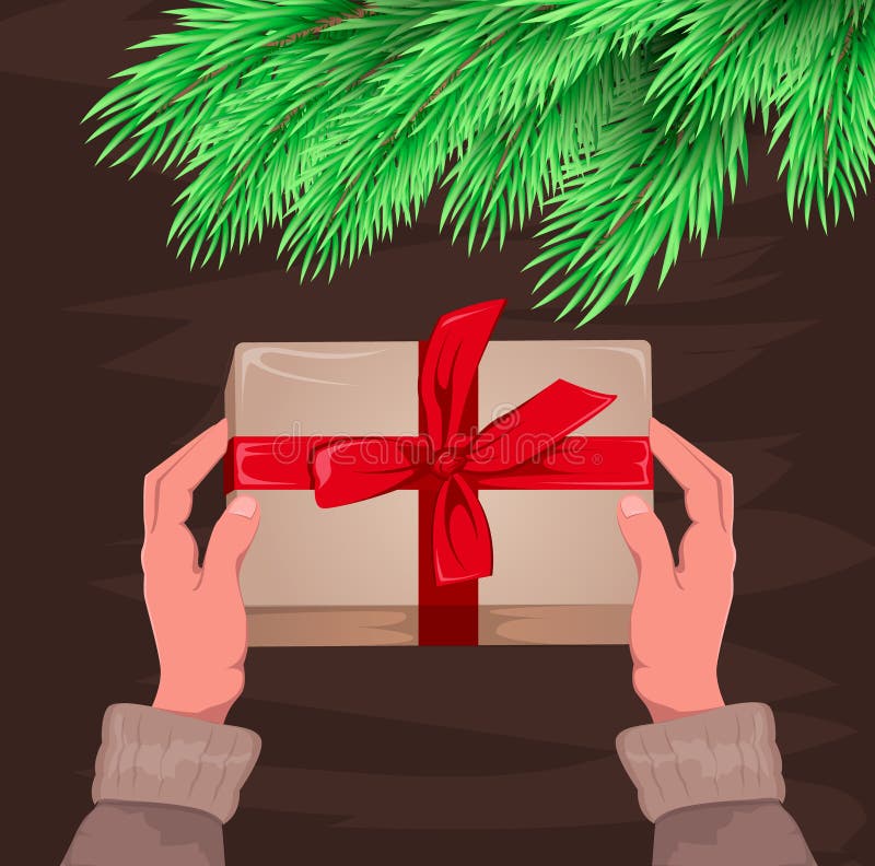 Hands Holding Present. Gift Box for Christmas and New Year Stock Vector ...
