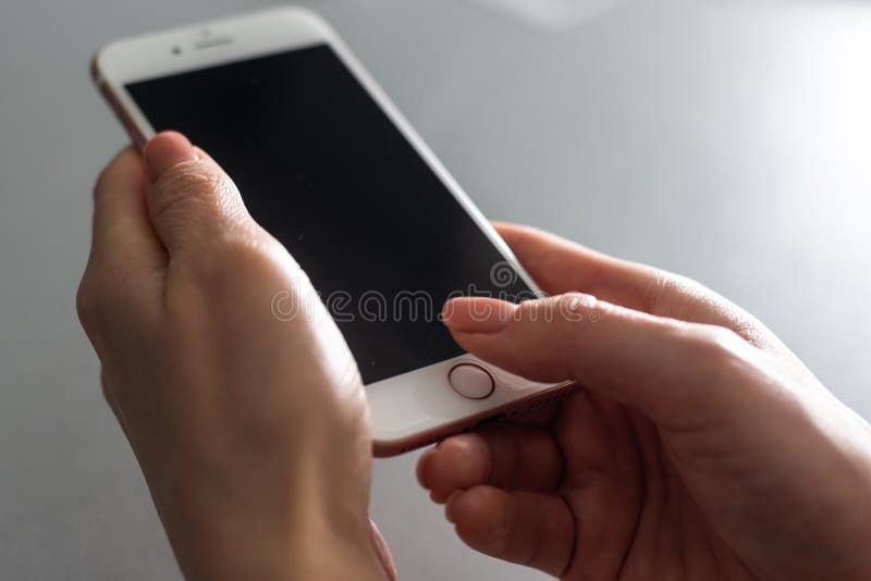 Hands Holding Pressing Smartphone Buttons Stock Photo - Image of button ...