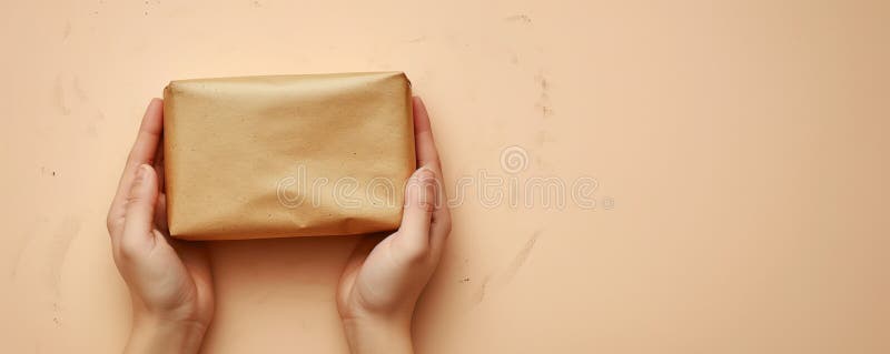 Hands Holding Rectangle Gift Box Wrapped in Brown Paper Stock Image ...