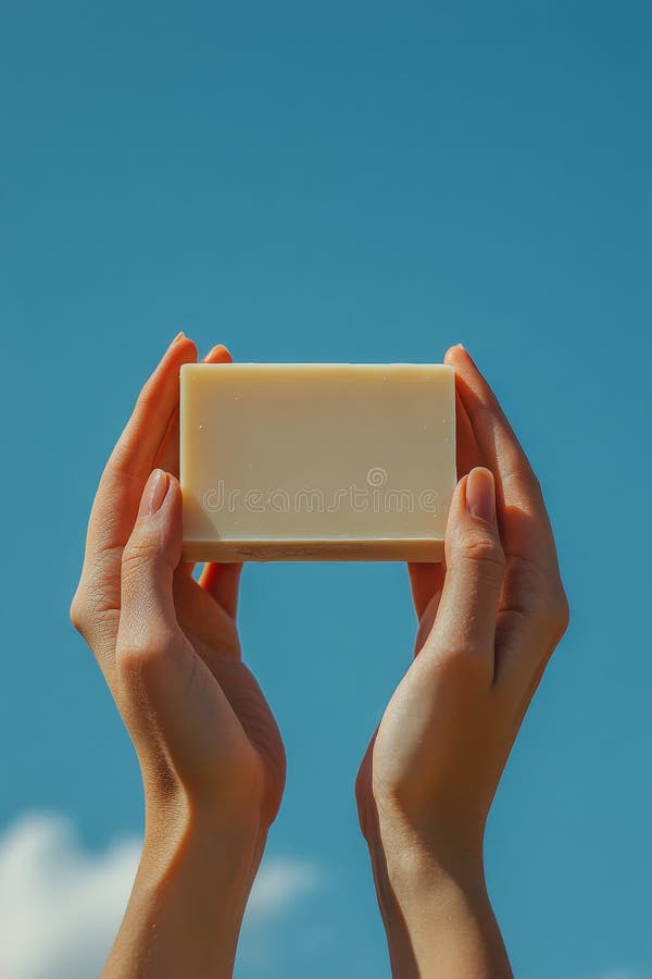Hands Holding a Rectangular Soap Bar Against a Light Blue Background ...