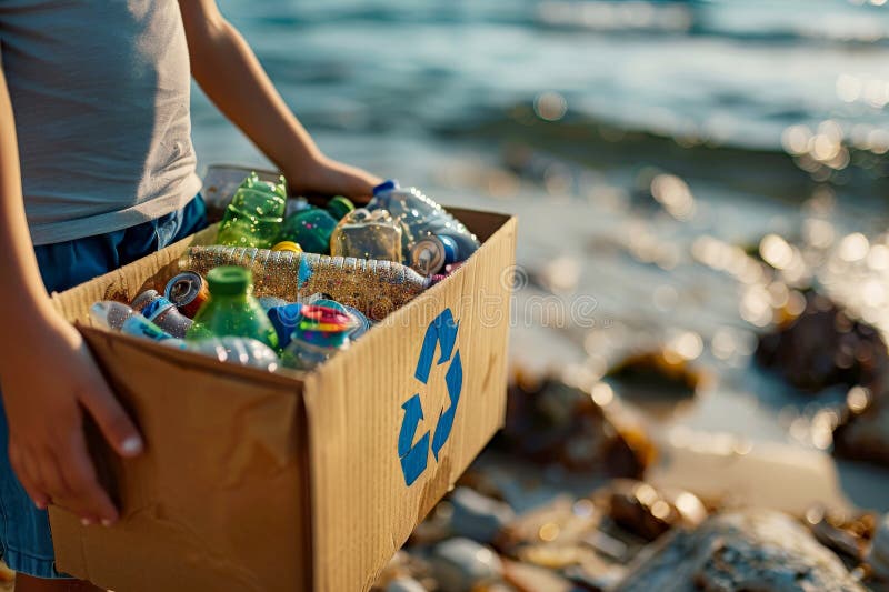 Hands Holding a Recycling Box Filled with Various Recyclable Items on ...