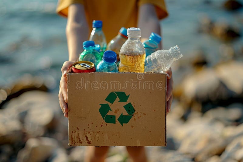 Hands Holding a Recycling Box Filled with Various Recyclable Items on ...