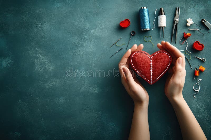 Hands Holding a Red Heart-shaped Craft Surrounded by Sewing Tools and ...