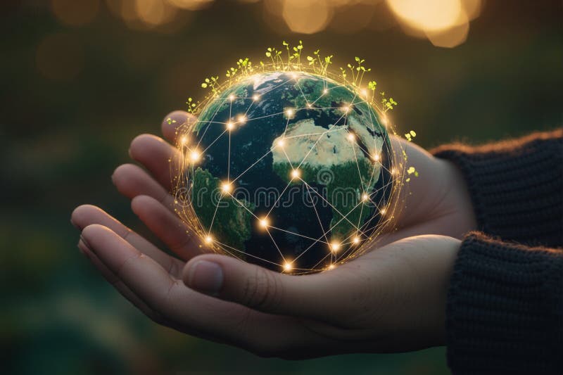 Hands Holding Growing Earth with Network Connections and Seedlings ...