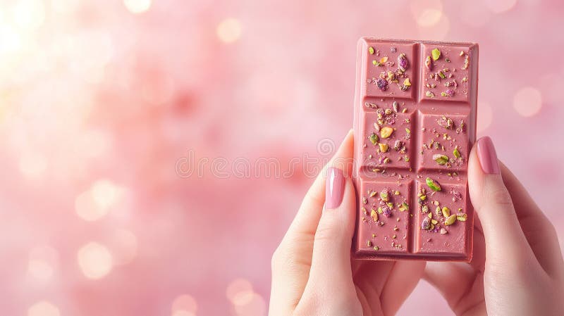 Hands Holding Ruby Chocolate Bar with Pistachios on Pink Bokeh Background Stock Photo - Image of ...