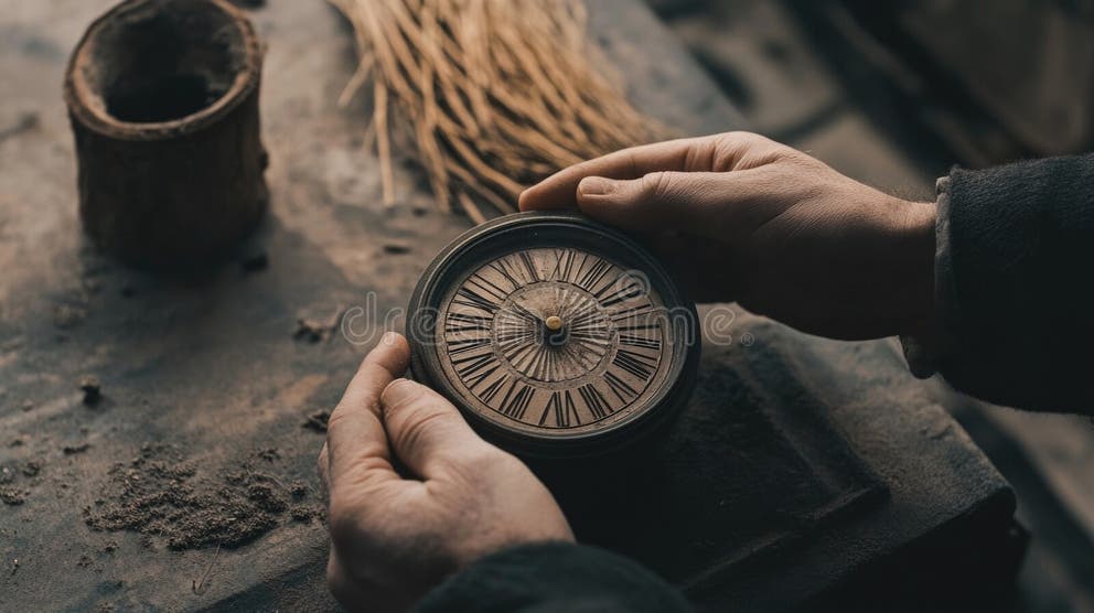 Hands Holding Rustic Antique Clock on Weathered Table with Straw and ...