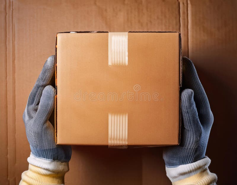 Hands Holding a Sealed Cardboard Box in a Dimly Lit Environment Stock ...