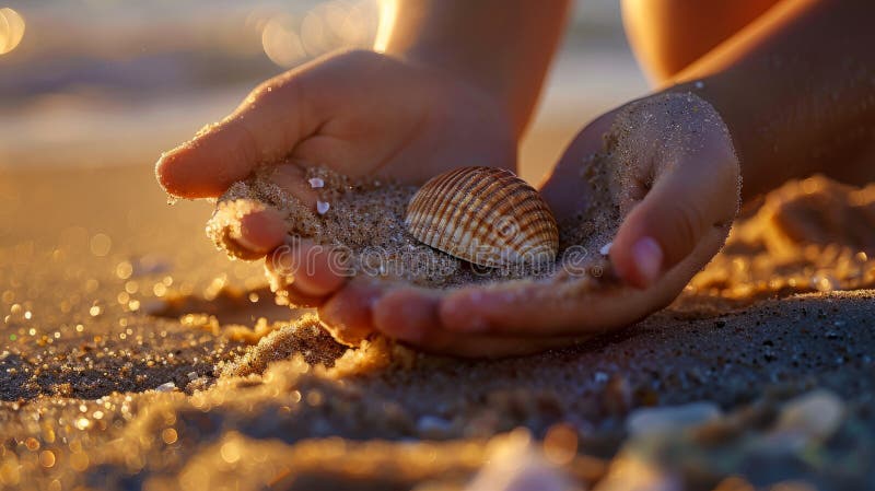 Hands Holding a Seashell on the Beach Stock Photo - Image of sandy ...