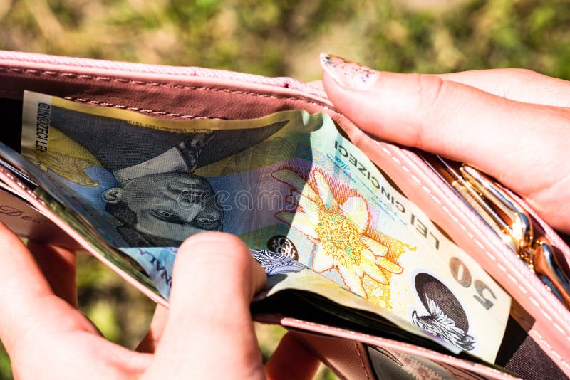 Hands Holding and Showing Wallet with Romanian Money LEI Stock Image ...