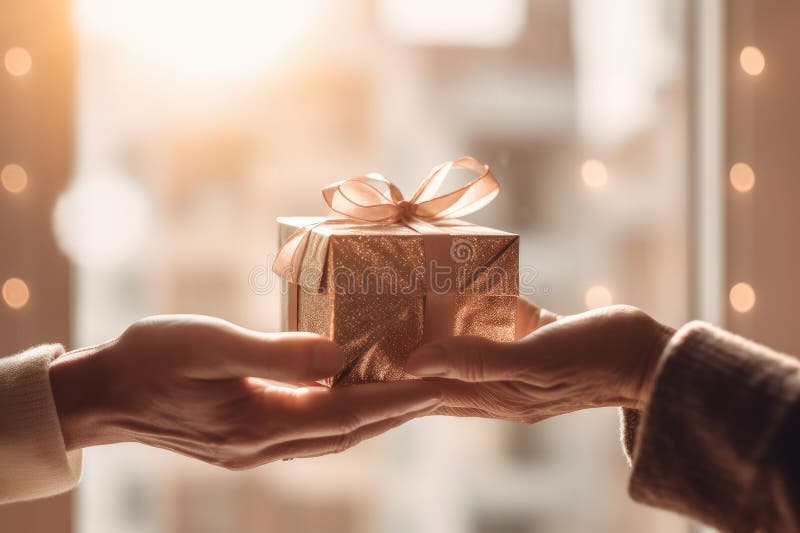 Hands Holding Small Gift with Ribbon, AI Generative Stock Illustration ...