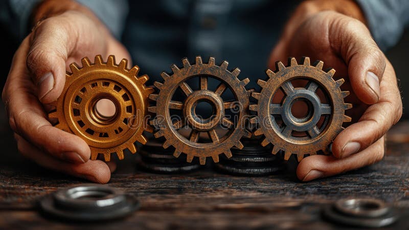 Hands Holding Small Interconnected Gears on Desk, Showcasing ...