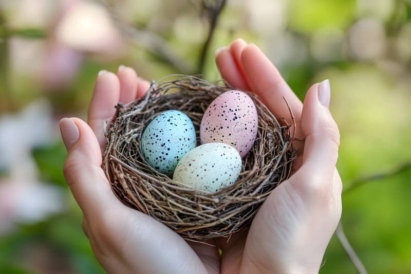Hands Holding a Small Nest with Three Speckled Easter Eggs Stock Illustration - Illustration of ...