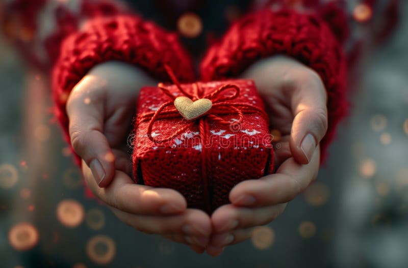 Hands Holding a Small Present with Gold Hearts Stock Image - Image of ...