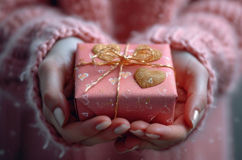 Hands Holding a Small Present with Gold Hearts Stock Photo - Image of ...