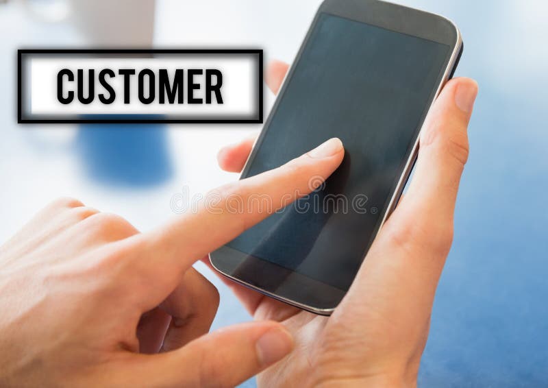 Hands Holding Smart Phone with Customer Text Stock Photo - Image of ...