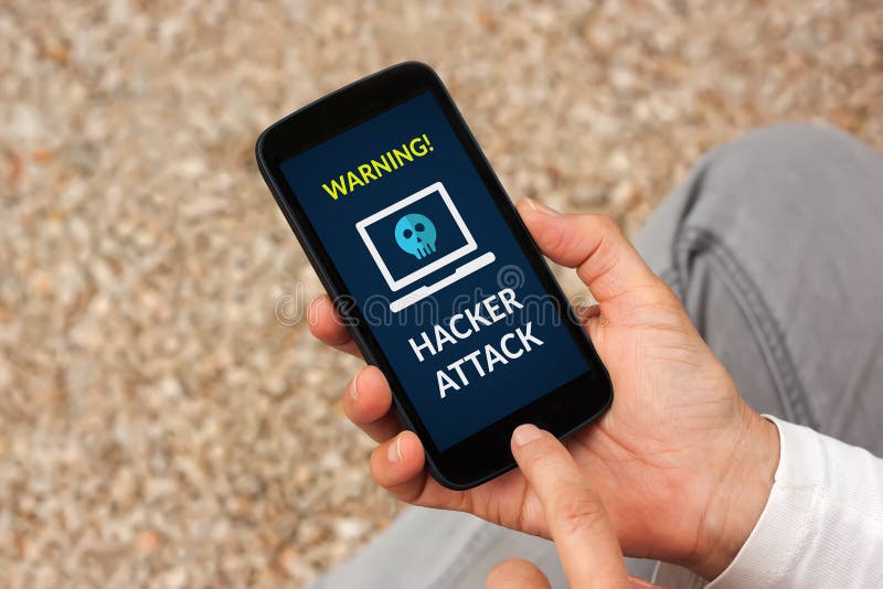 Hands Holding Smart Phone with Hacker Attack Concept on Screen Stock ...