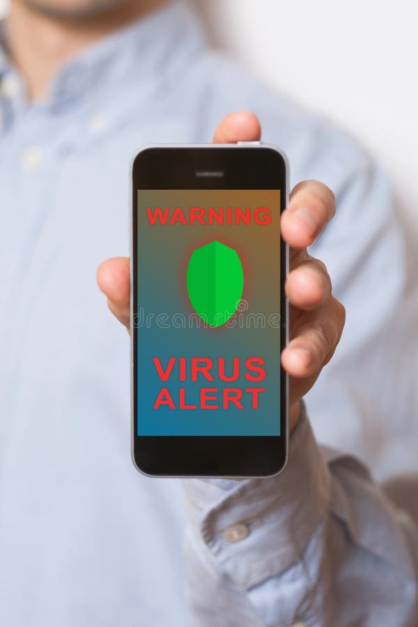 Hands Holding Smart Phone with Virus Alert on Screen. White Background ...