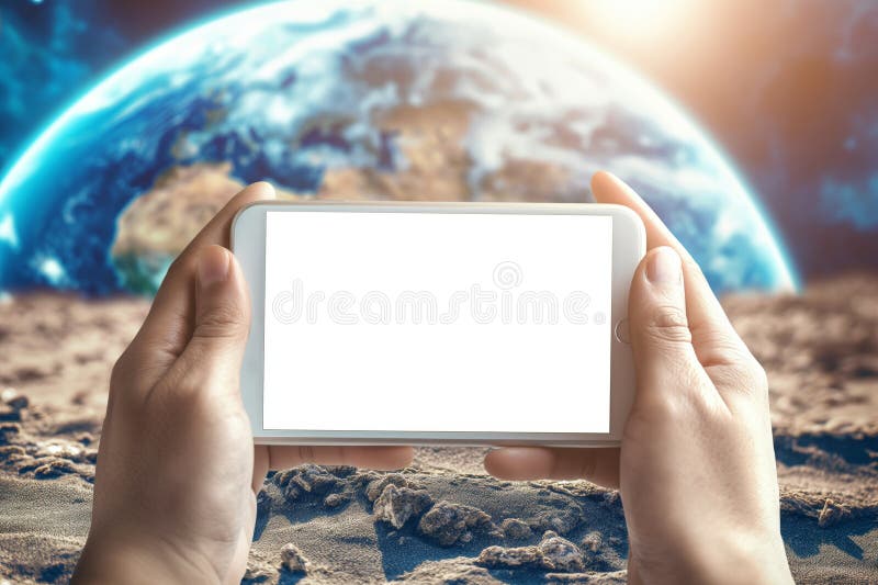 Hands Holding Smartphone Against Earth from Space Stock Image - Image ...