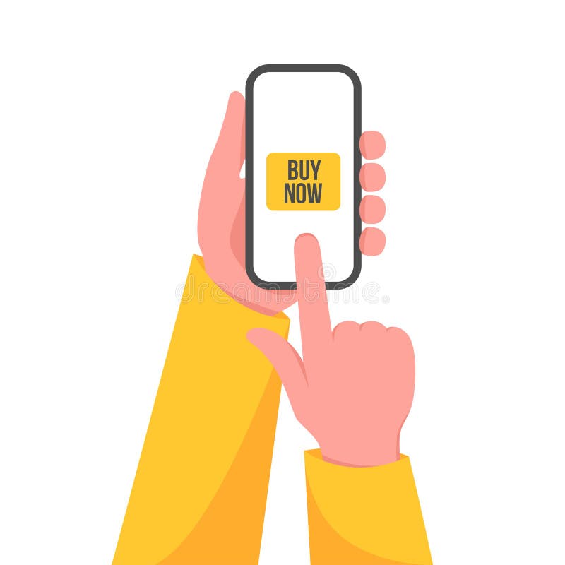 Hands Holding Smartphone with Buy Button. Vector Illustration. Stock ...