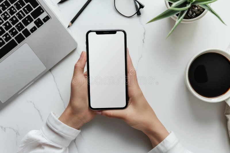 Hands Holding Smartphone with Coffee on Desk Stock Image - Image of ...