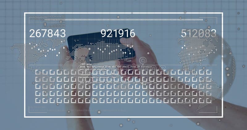 Hands Holding Smartphone with Digital Data and World Map Overlay ...