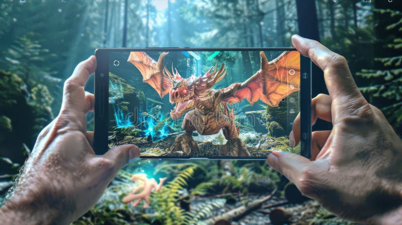 Hands Holding a Smartphone Displaying an Augmented Reality Dragon in a Forest Setting, AI ...
