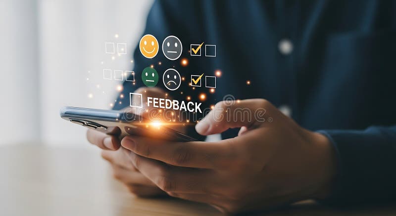 Person Holding Smartphone with Feedback Survey and Emoticons Displayed ...
