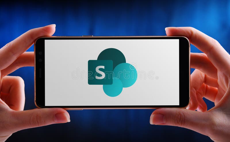 Hands Holding Smartphone Displaying Logo of SharePoint Editorial Stock ...