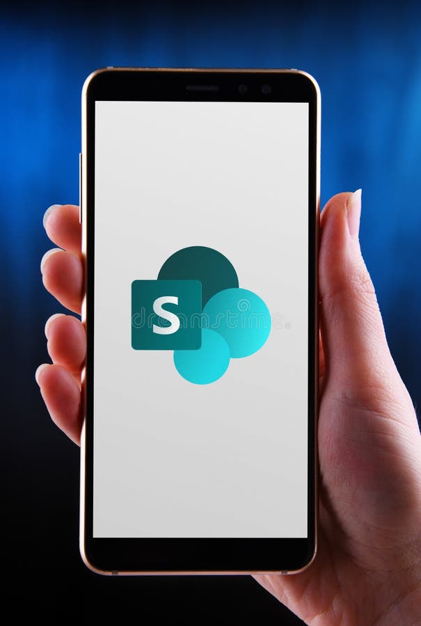 Hands Holding Smartphone Displaying Logo of SharePoint Editorial Stock ...