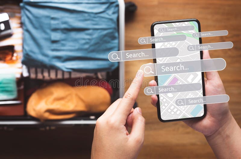Hands Holding a Smartphone Displaying Multiple Search Bars Over a ...