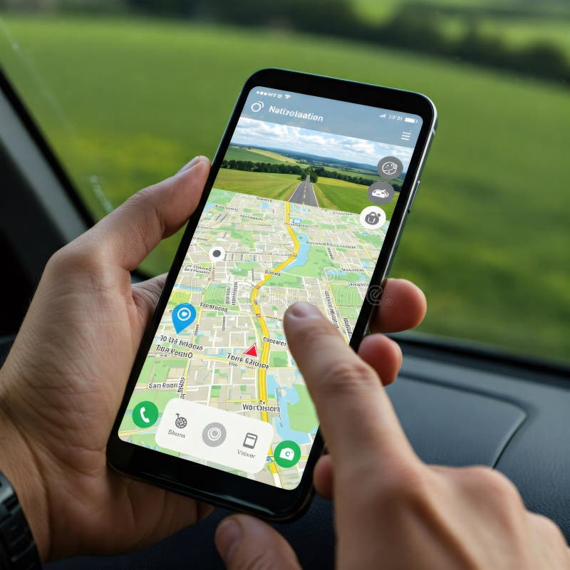 Driver Using Navigation App on Smartphone in Car Stock Illustration ...