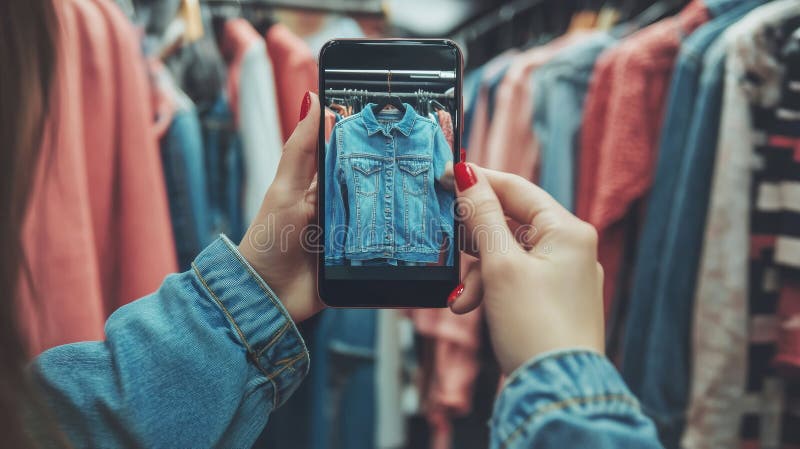 Hands Holding a Smartphone in Front of a Rack of Clothes, Taking a ...