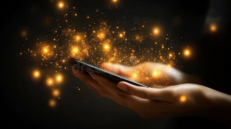 Hands Holding Smartphone with Magic Sparks, Dark Background Stock Image ...