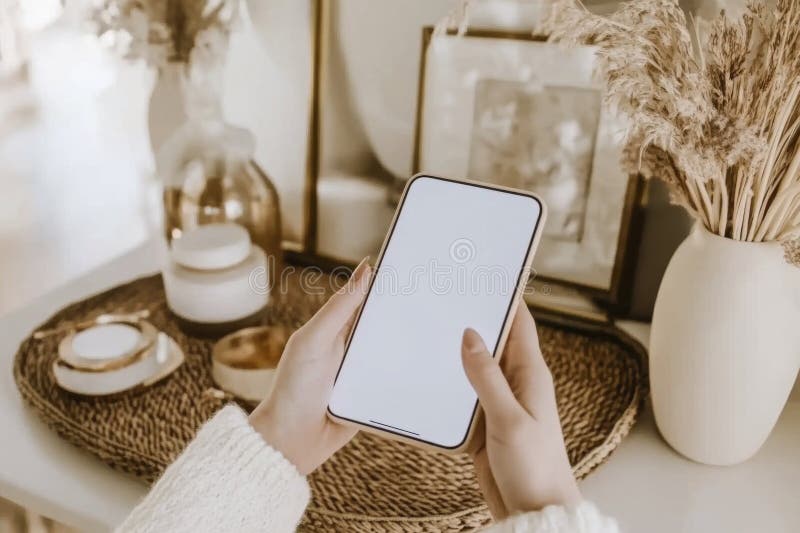 Hands Holding Smartphone with Open App in Cozy Minimalist Decor for ...